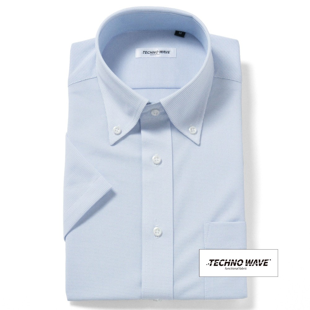 半袖ワイシャツ[TECHNOWAVE] ボタンダウン ストレッチ 防汚加工 ライトブルー無地 形態安定 標準型 P16TWB295 ワイシャツ ...