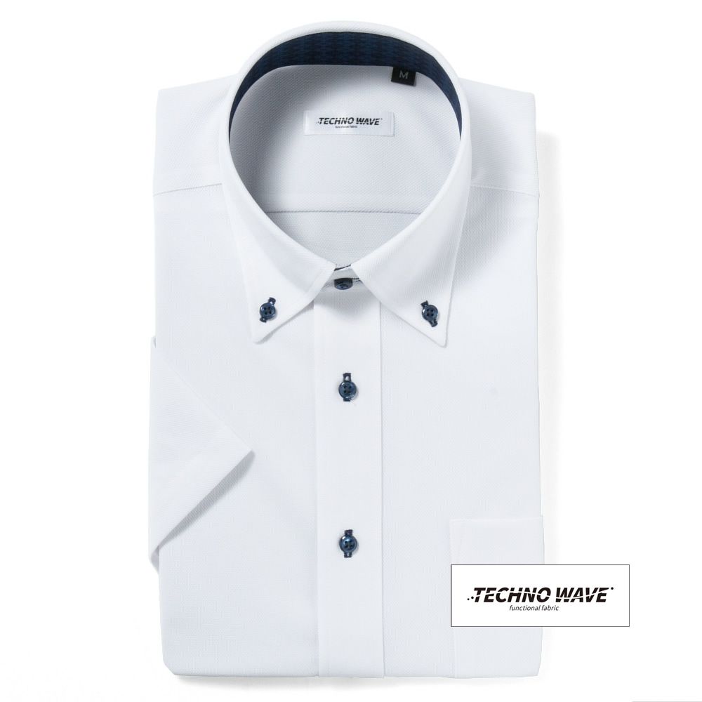 半袖ワイシャツ[TECHNOWAVE] ボタンダウン ストレッチ 吸水速乾 高通気 ホワイト ドビー 形態安定 標準型 P16TWB302 ...