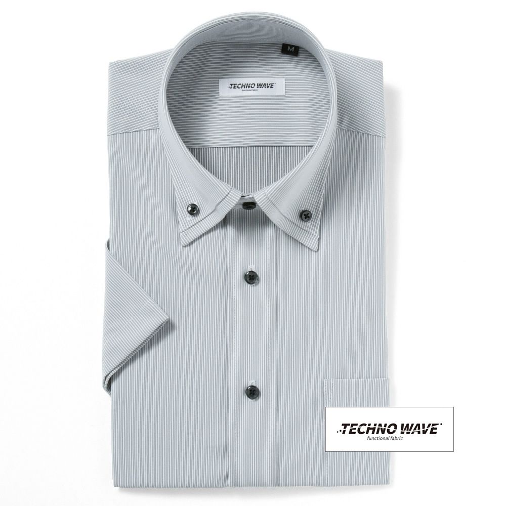 半袖ワイシャツ[TECHNOWAVE] ボタンダウン ストレッチ 吸水速乾 高通気 ホワイト×ブラック ストライプ 形態安定 標準型 ...
